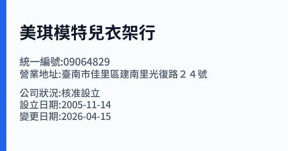 美琪模特兒衣架行的照片-統編 09064829(臺南市) 公司登記資料與營業項目詳細圖表