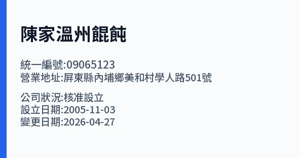 陳家溫州餛飩的照片-統編 09065123(屏東縣) 公司登記資料與營業項目詳細圖表