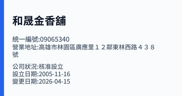 和晟金香舖的照片-統編 09065340(高雄市) 公司登記資料與營業項目詳細圖表