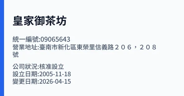 皇家御茶坊的照片-統編 09065643(臺南市) 公司登記資料與營業項目詳細圖表