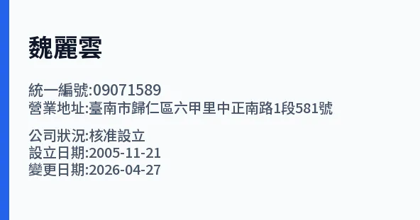 魏麗雲的照片-統編 09071589(臺南市) 公司登記資料與營業項目詳細圖表