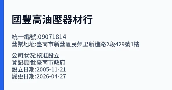 國豐高油壓器材行的照片-統編 09071814(臺南市) 公司登記資料與營業項目詳細圖表