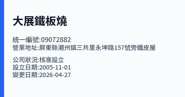 大展鐵板燒的照片-統編 09072882(屏東縣) 公司登記資料與營業項目詳細圖表