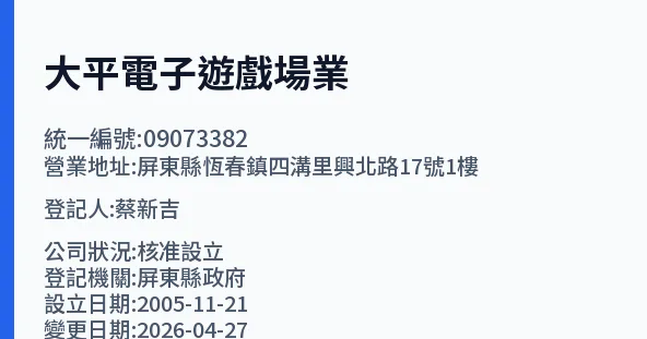 大平電子遊戲場業的照片-統編 09073382(屏東縣) 公司登記資料與營業項目詳細圖表