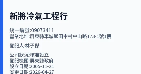 新將冷氣工程行的照片-統編 09073411(屏東縣) 公司登記資料與營業項目詳細圖表