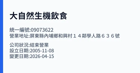 大自然生機飲食的照片-統編 09073622(屏東縣) 公司登記資料與營業項目詳細圖表