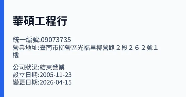 華碩工程行的照片-統編 09073735(臺南市) 公司登記資料與營業項目詳細圖表