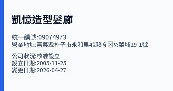 凱憶造型髮廊的照片-統編 09074973(嘉義縣) 公司登記資料與營業項目詳細圖表