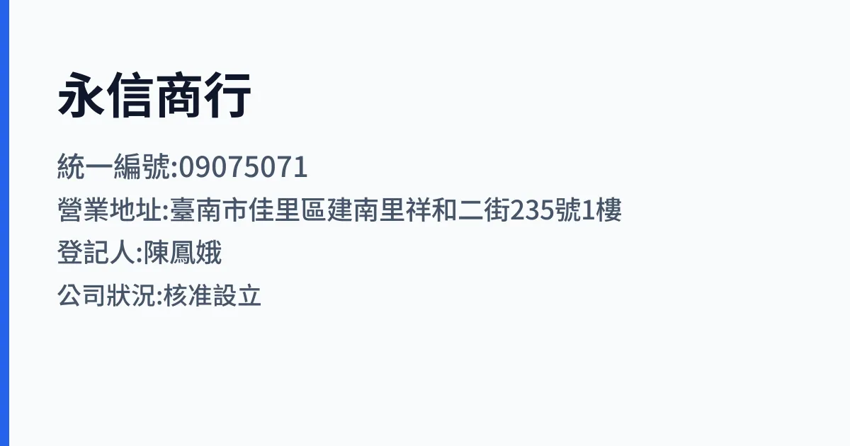 永信商行 - 統編 09075071(臺南市) 公司登記資料與營業項目詳細圖表