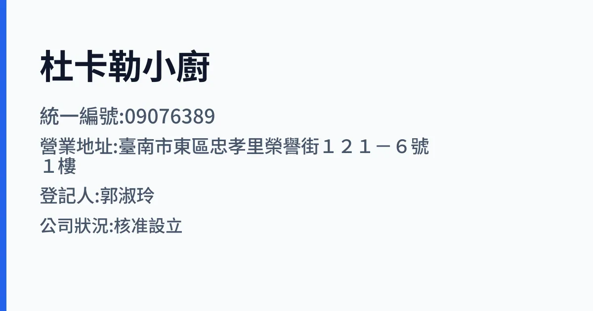 杜卡勒小廚 - 統編 09076389(臺南市) 公司登記資料與營業項目詳細圖表