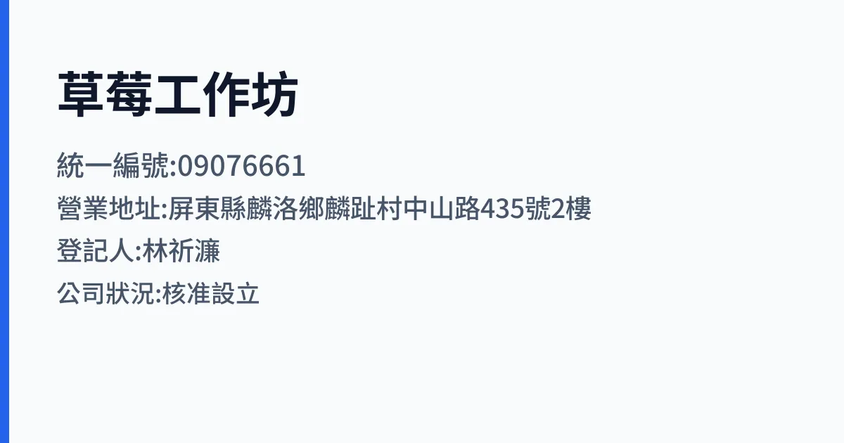草莓工作坊 - 統編 09076661(屏東縣) 公司登記資料與營業項目詳細圖表