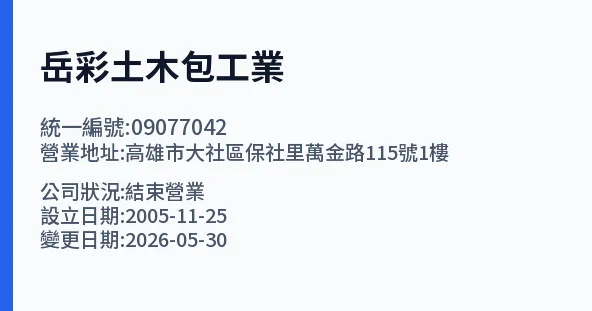 岳彩土木包工業的照片-統編 09077042(高雄市) 公司登記資料與營業項目詳細圖表