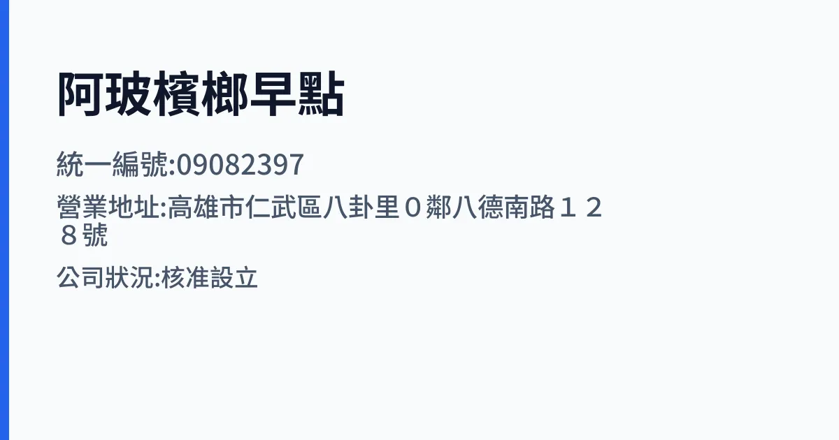 阿玻檳榔早點 - 統編 09082397(高雄市) 公司登記資料與營業項目詳細圖表