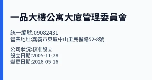 一品大樓公寓大廈管理委員會的照片-統編 09082431(嘉義市) 公司登記資料與營業項目詳細圖表