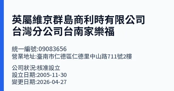 英屬維京群島商利時有限公司台灣分公司台南家樂福的照片-統編 09083656(臺南市) 公司登記資料與營業項目詳細圖表