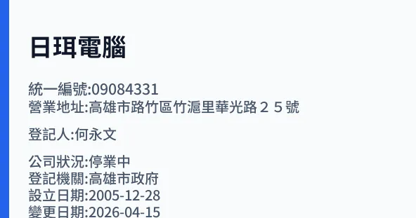 日珥電腦的照片-統編 09084331(高雄市) 公司登記資料與營業項目詳細圖表