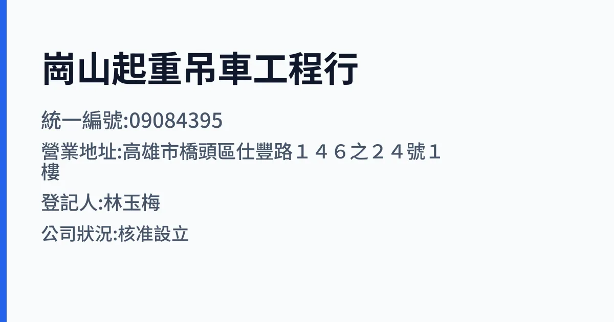 崗山起重吊車工程行 - 統編 09084395(高雄市) 公司登記資料與營業項目詳細圖表