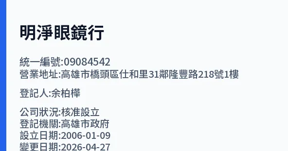 明淨眼鏡行的照片-統編 09084542(高雄市) 公司登記資料與營業項目詳細圖表