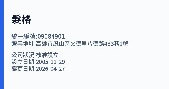 髮格的照片-統編 09084901(高雄市) 公司登記資料與營業項目詳細圖表
