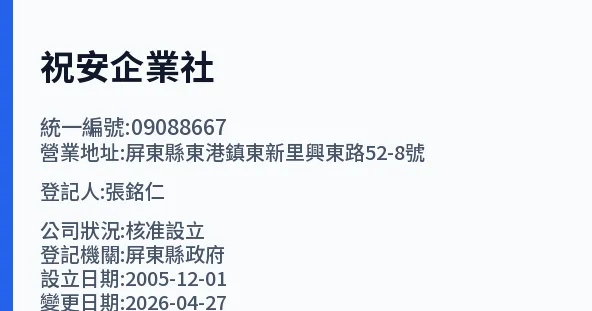 祝安企業社的照片-統編 09088667(屏東縣) 公司登記資料與營業項目詳細圖表