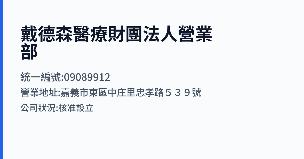 戴德森醫療財團法人營業部 - 統編 09089912(嘉義市) 公司登記資料與營業項目詳細圖表