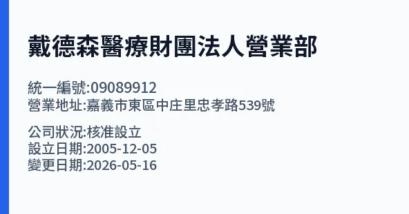 戴德森醫療財團法人營業部的照片-統編 09089912(嘉義市) 公司登記資料與營業項目詳細圖表