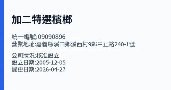 加二特選檳榔的照片-統編 09090896(嘉義縣) 公司登記資料與營業項目詳細圖表