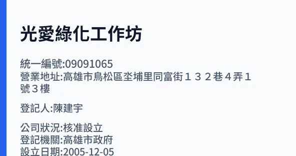 光愛綠化工作坊的照片-統編 09091065(高雄市) 公司登記資料與營業項目詳細圖表