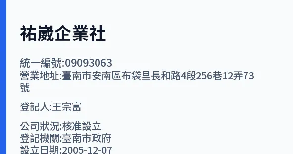 祐崴企業社的照片-統編 09093063(臺南市) 公司登記資料與營業項目詳細圖表