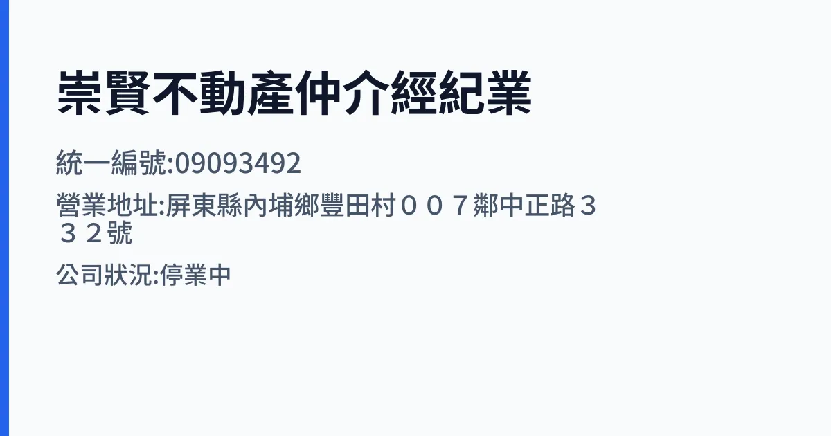 崇賢不動產仲介經紀業 - 統編 09093492(屏東縣) 公司登記資料與營業項目詳細圖表