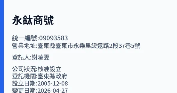 永鈦商號的照片-統編 09093583(臺東縣) 公司登記資料與營業項目詳細圖表