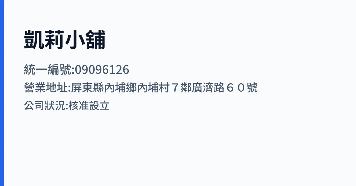 凱莉小舖 - 統編 09096126(屏東縣) 公司登記資料與營業項目詳細圖表