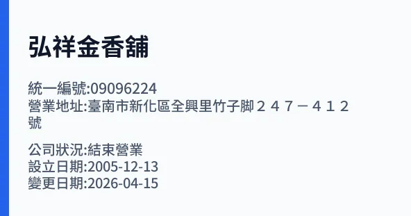 弘祥金香舖的照片-統編 09096224(臺南市) 公司登記資料與營業項目詳細圖表