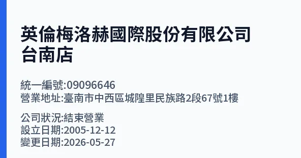 英倫梅洛赫國際股份有限公司台南店的照片-統編 09096646(臺南市) 公司登記資料與營業項目詳細圖表
