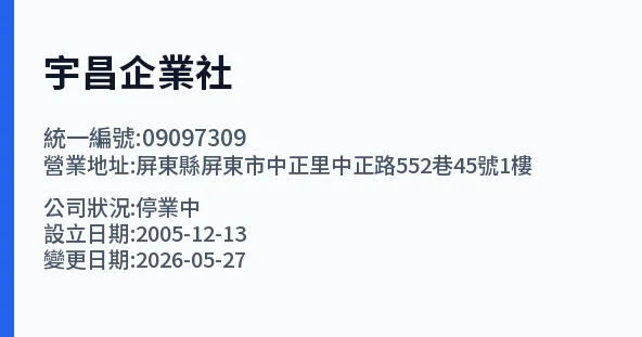 宇昌企業社的照片-統編 09097309(屏東縣) 公司登記資料與營業項目詳細圖表