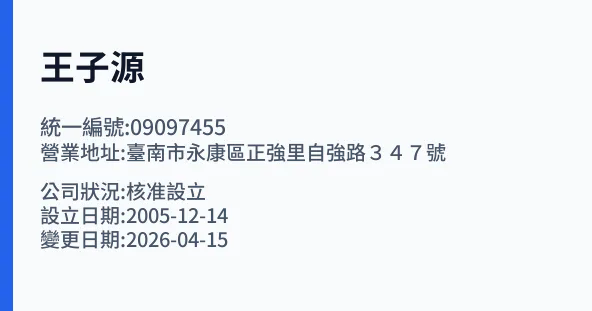 王子源的照片-統編 09097455(臺南市) 公司登記資料與營業項目詳細圖表