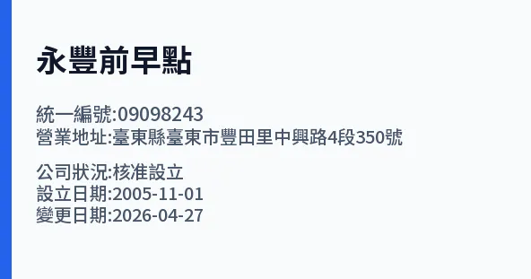 永豐前早點的照片-統編 09098243(臺東縣) 公司登記資料與營業項目詳細圖表