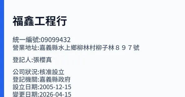 福鑫工程行的照片-統編 09099432(嘉義縣) 公司登記資料與營業項目詳細圖表
