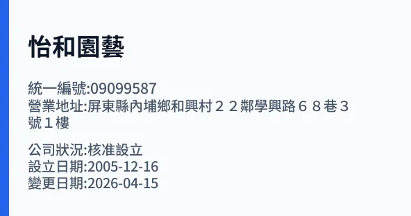 怡和園藝的照片-統編 09099587(屏東縣) 公司登記資料與營業項目詳細圖表