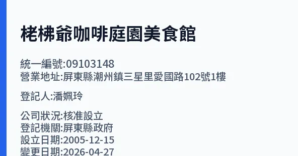 栳柫爺咖啡庭園美食館的照片-統編 09103148(屏東縣) 公司登記資料與營業項目詳細圖表