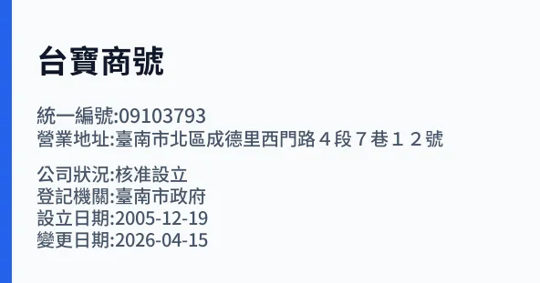 台寶商號的照片-統編 09103793(臺南市) 公司登記資料與營業項目詳細圖表