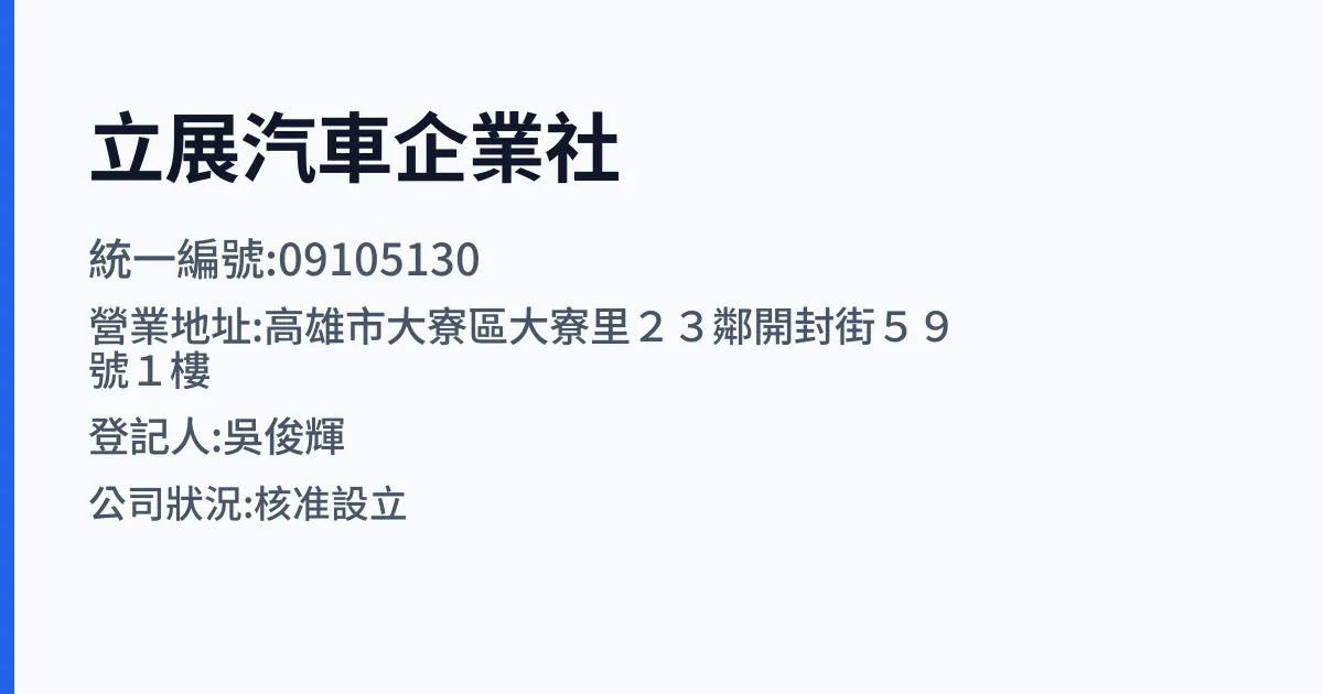 立展汽車企業社 - 統編 09105130(高雄市) 公司登記資料與營業項目詳細圖表