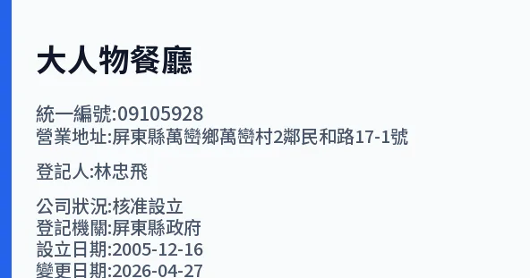 大人物餐廳的照片-統編 09105928(屏東縣) 公司登記資料與營業項目詳細圖表