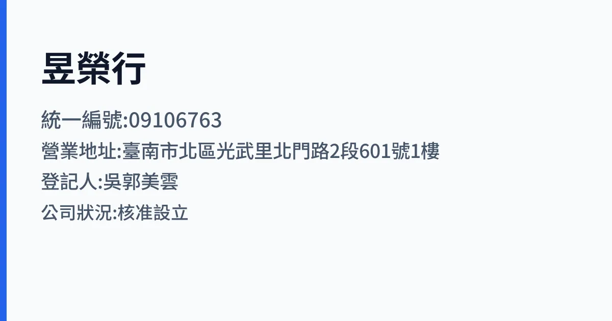 昱榮行 - 統編 09106763(臺南市) 公司登記資料與營業項目詳細圖表