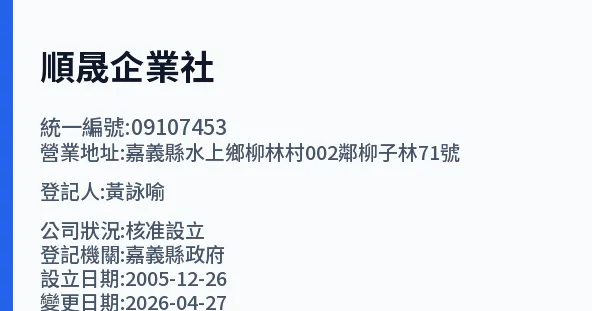 順晟企業社的照片-統編 09107453(嘉義縣) 公司登記資料與營業項目詳細圖表