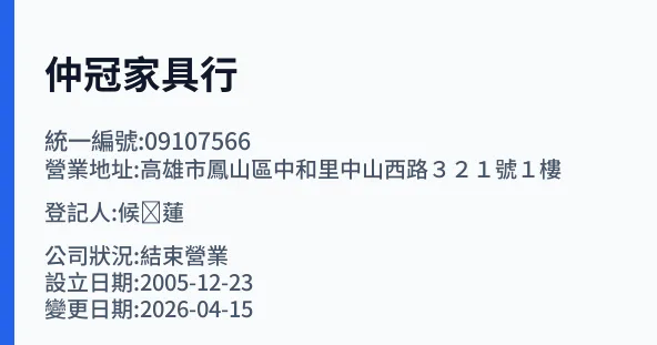 仲冠家具行的照片-統編 09107566(高雄市) 公司登記資料與營業項目詳細圖表