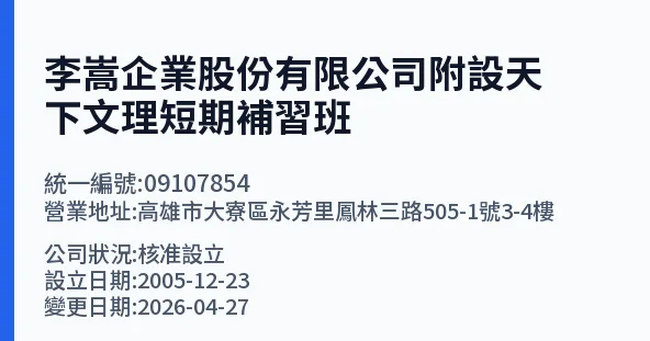 李嵩企業股份有限公司附設天下文理短期補習班的照片-統編 09107854(高雄市) 公司登記資料與營業項目詳細圖表
