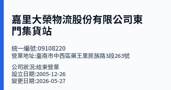 嘉里大榮物流股份有限公司東門集貨站的照片-統編 09108220(臺南市) 公司登記資料與營業項目詳細圖表