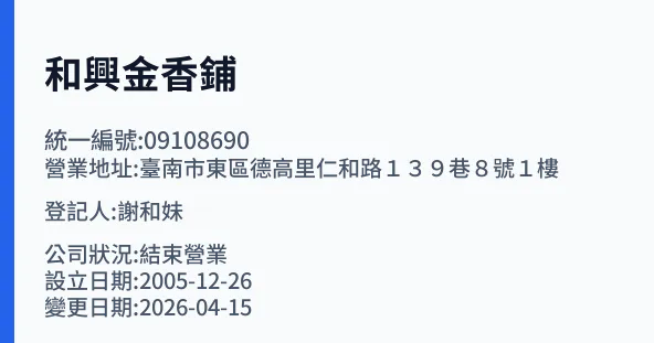 和興金香鋪的照片-統編 09108690(臺南市) 公司登記資料與營業項目詳細圖表