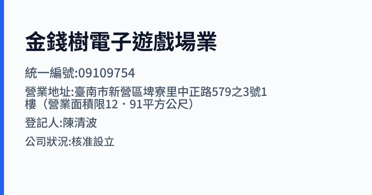 金錢樹電子遊戲場業 - 統編 09109754(臺南市) 公司登記資料與營業項目詳細圖表
